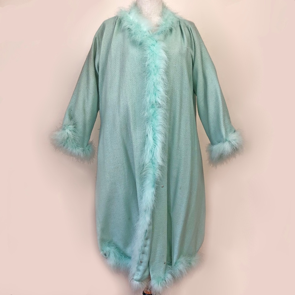 Vintage Seafoam Green Cashmere Marabou Robe Jacket - Gem